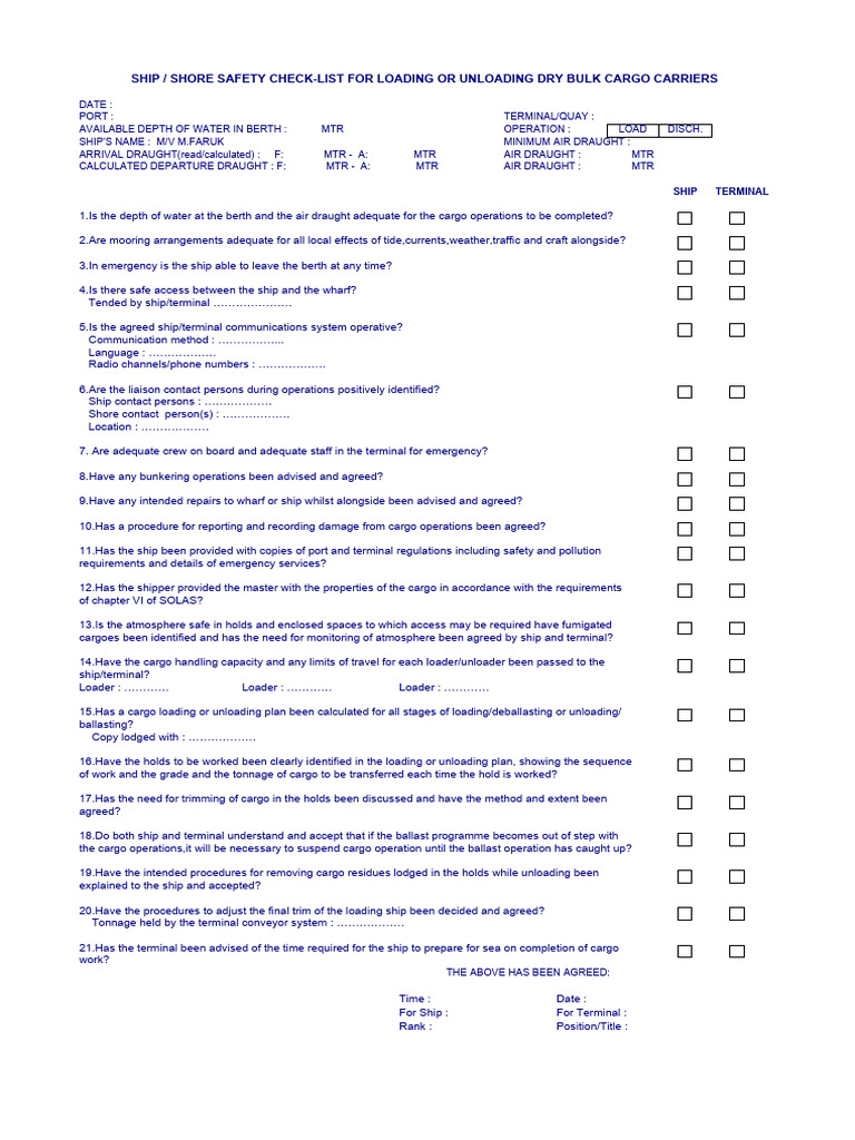 Ship-Shore Safety Checklist | PDF