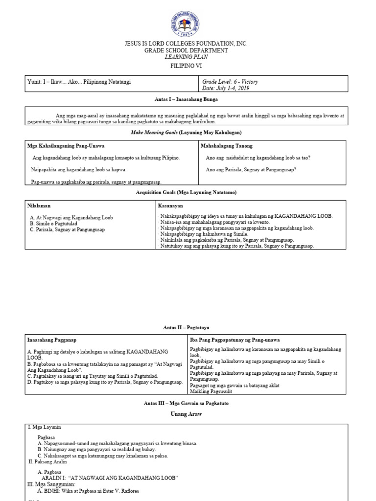 Learning Plan Grade 6 (Week 1) | PDF