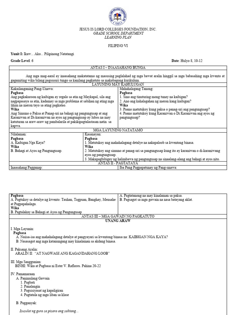Learning Plan Grade 6 (Week 2-3) | PDF
