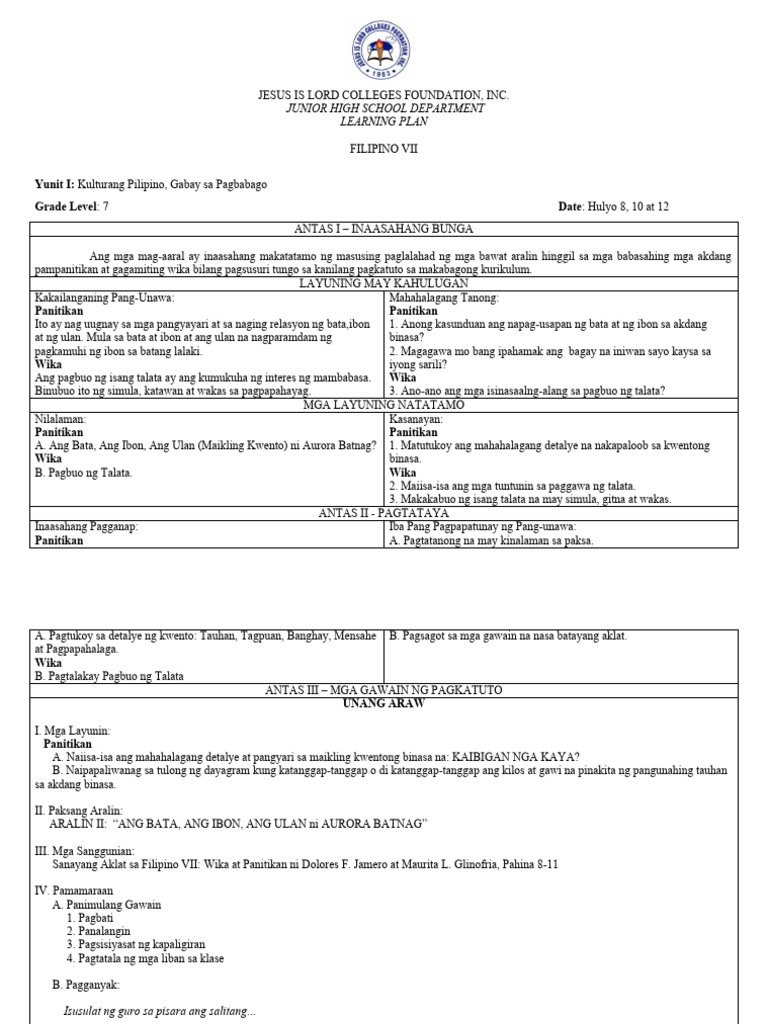 Learning Plan Grade 7 (Week 2-3) | PDF