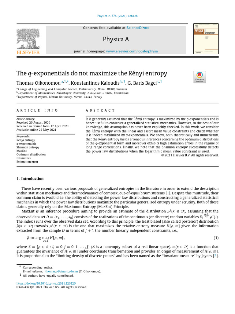 The Q-Exponentials Do Not Maximize The Rényi Entropy | PDF | Mathematical Optimization | Mathematics