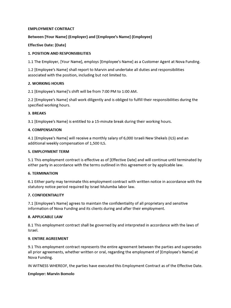 Israel EMPLOYMENT CONTRACT | PDF