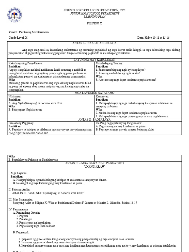 Learning Plan Grade 10 Week 2-3 | PDF