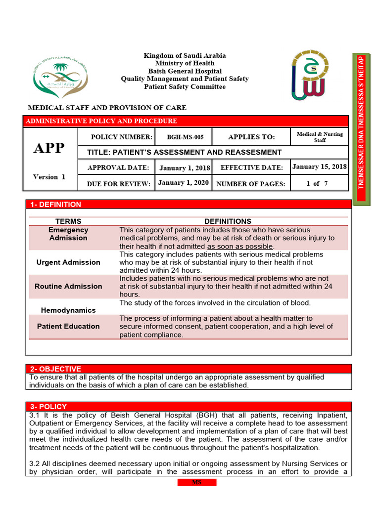 Patient Assessment and Reassessment Policy | PDF | Wellness | Science ...