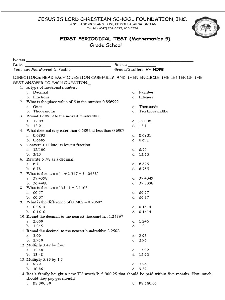 2nd MATH GRADE 5 | PDF | Ratio | Decimal