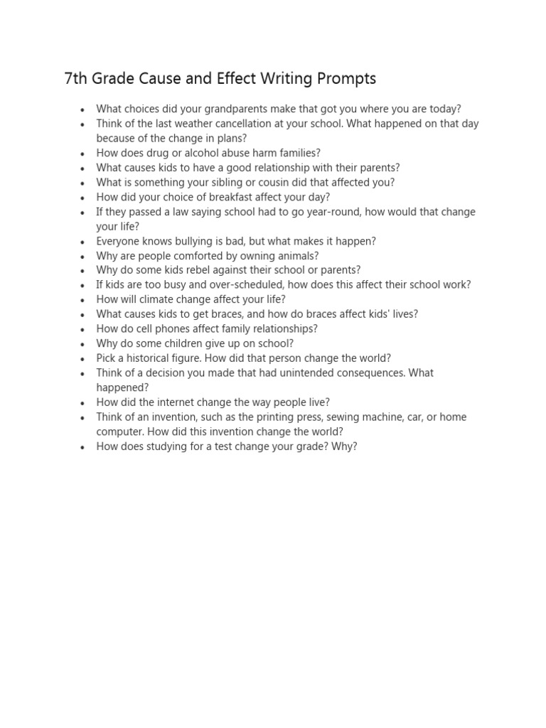 7th Grade Cause and Effect Writing Prompts | PDF