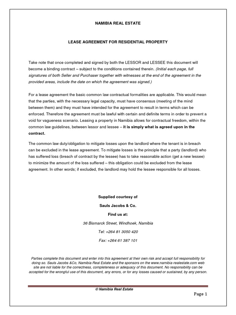 Namibia Residential Lease Agreement | PDF | Lease | Leasehold Estate