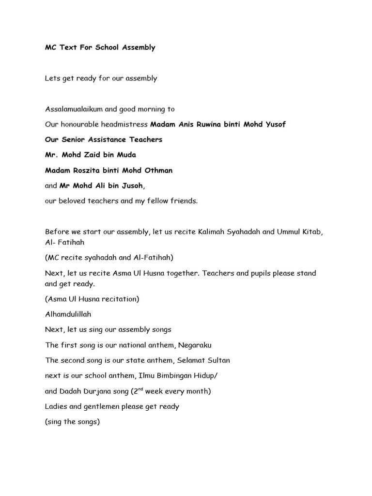 MC Text For School Assembly | PDF