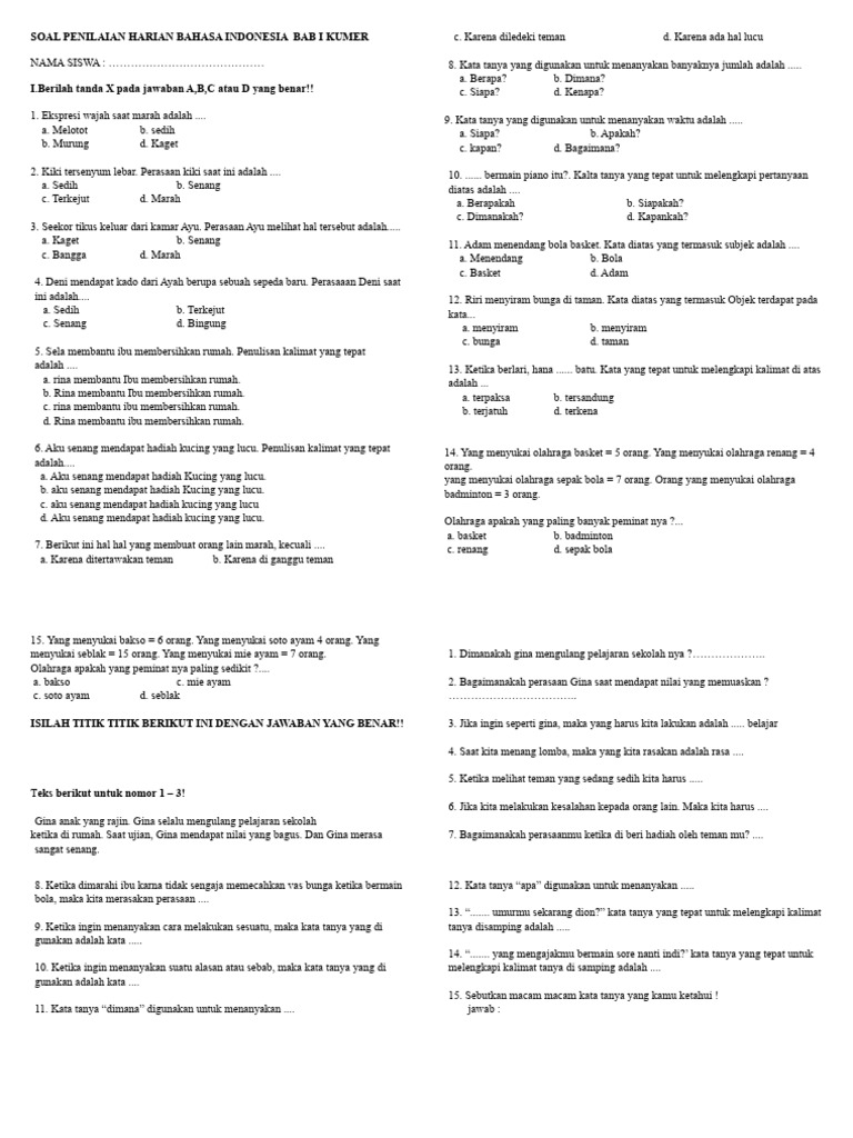 Soal Latihan Bahasa Indonesia Kelas 2 Kumer | PDF | Olahraga & Rekreasi