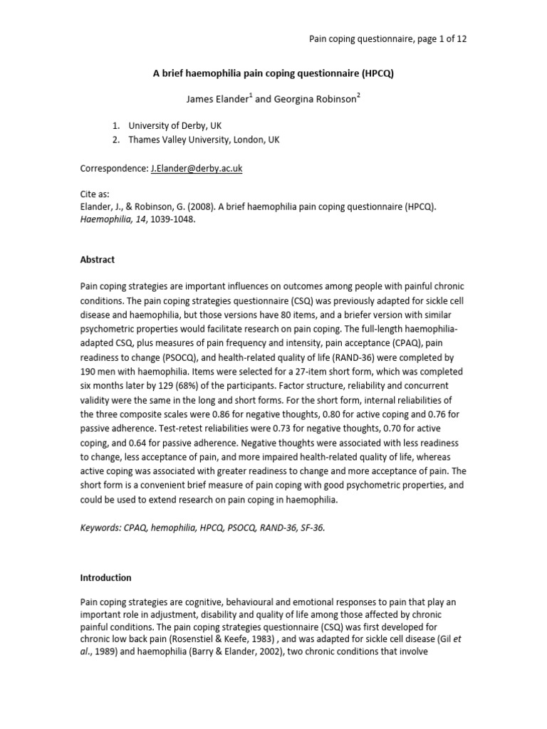 Haemophilia Pain Coping Questionnaire | PDF | Factor Analysis | Pain