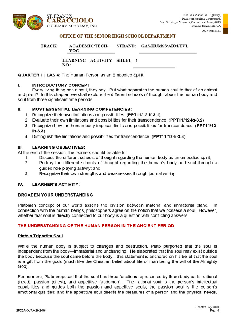 The Human Person As An Embodied Spirit - LAS Week 4 | PDF | Soul ...