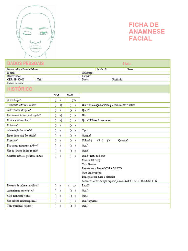 Ficha de Anamnese Facial para Estética | PDF | Especialidades médicas ...
