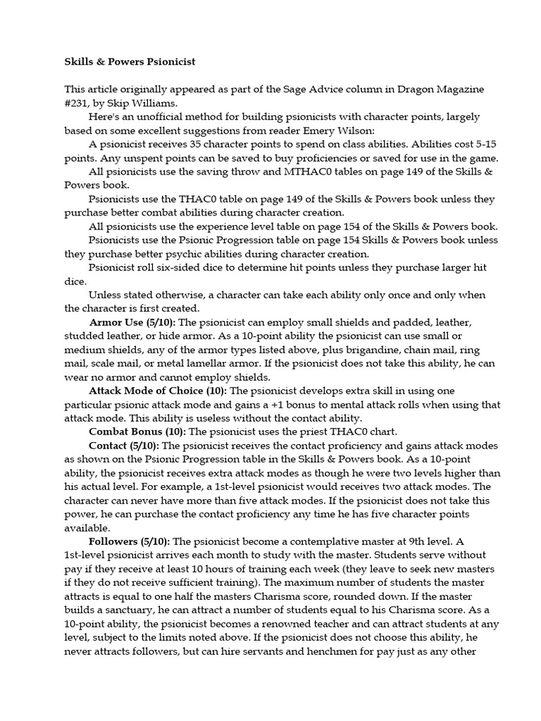 Psionicists According To AD&D Player's Option Skills & Powers | PDF