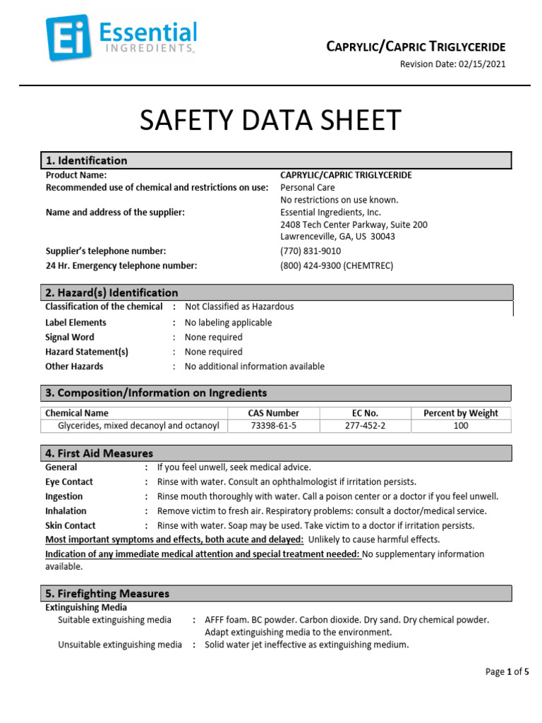Caprylic/Capric Triglyceride SDS | PDF | Fires | Combustion