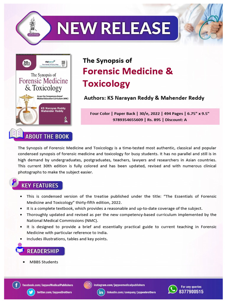KS Narayan Reddy - The Synopsis of Forensic Medicine & Toxicology 30E | PDF