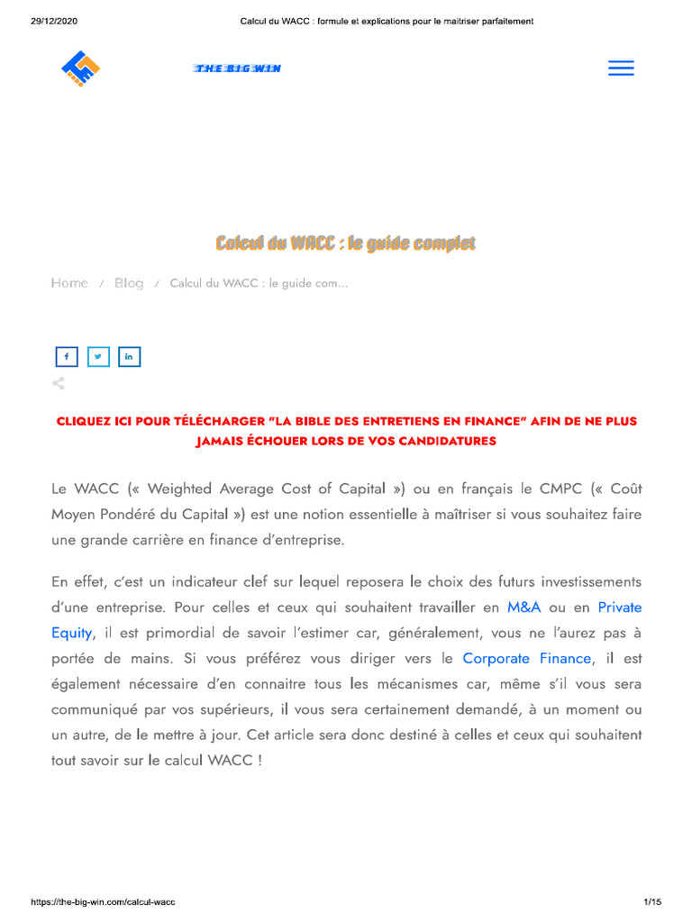 Calcul Du WACC - Formule Et Explications Pour Le Maitriser Parfaitement | PDF