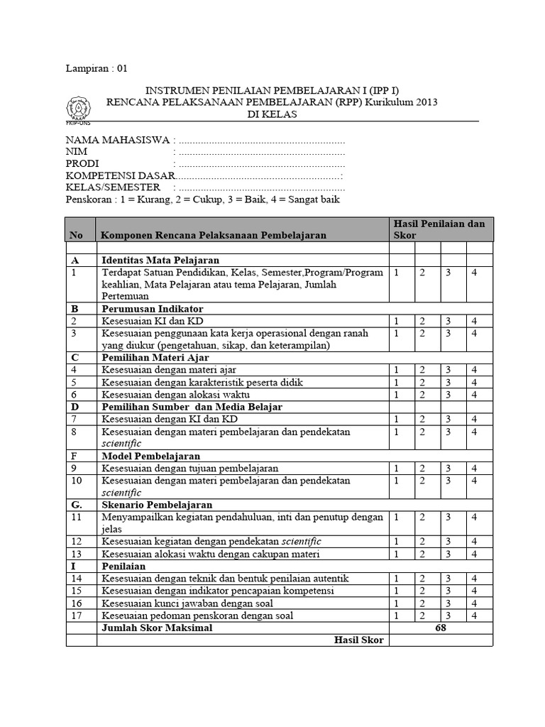 Instrumen Penilaian Pembelajaran RPP | PDF