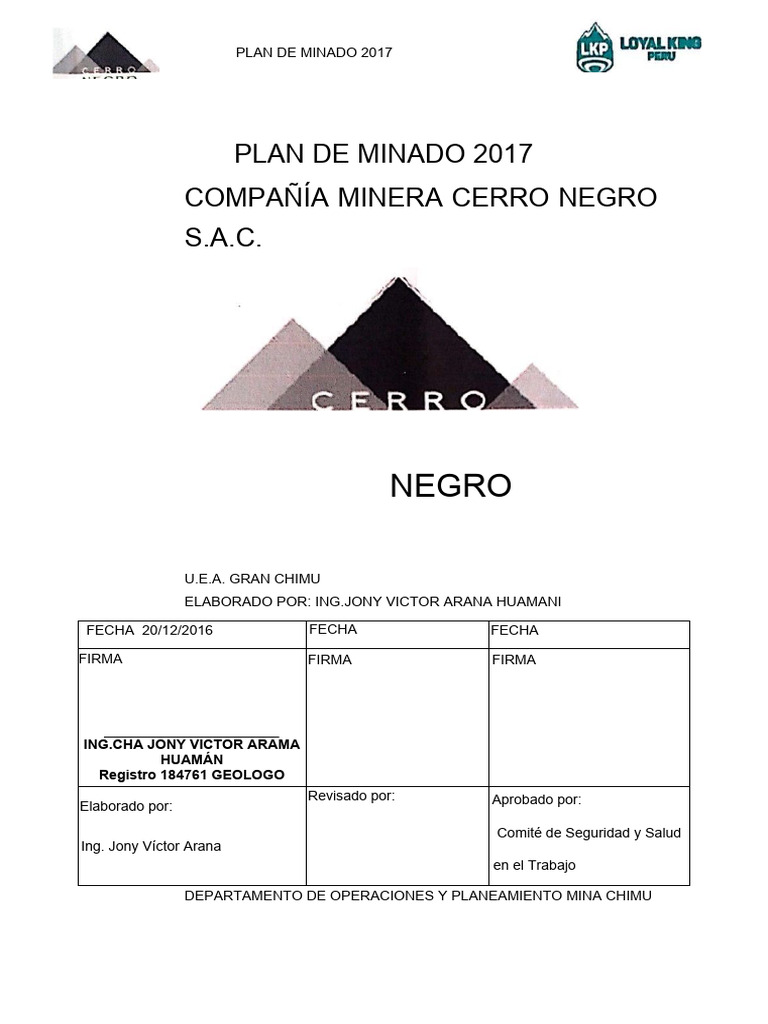 Plan de Minado 2017 Compañia Minera Cerro Negro S.A.C | PDF | Minería ...