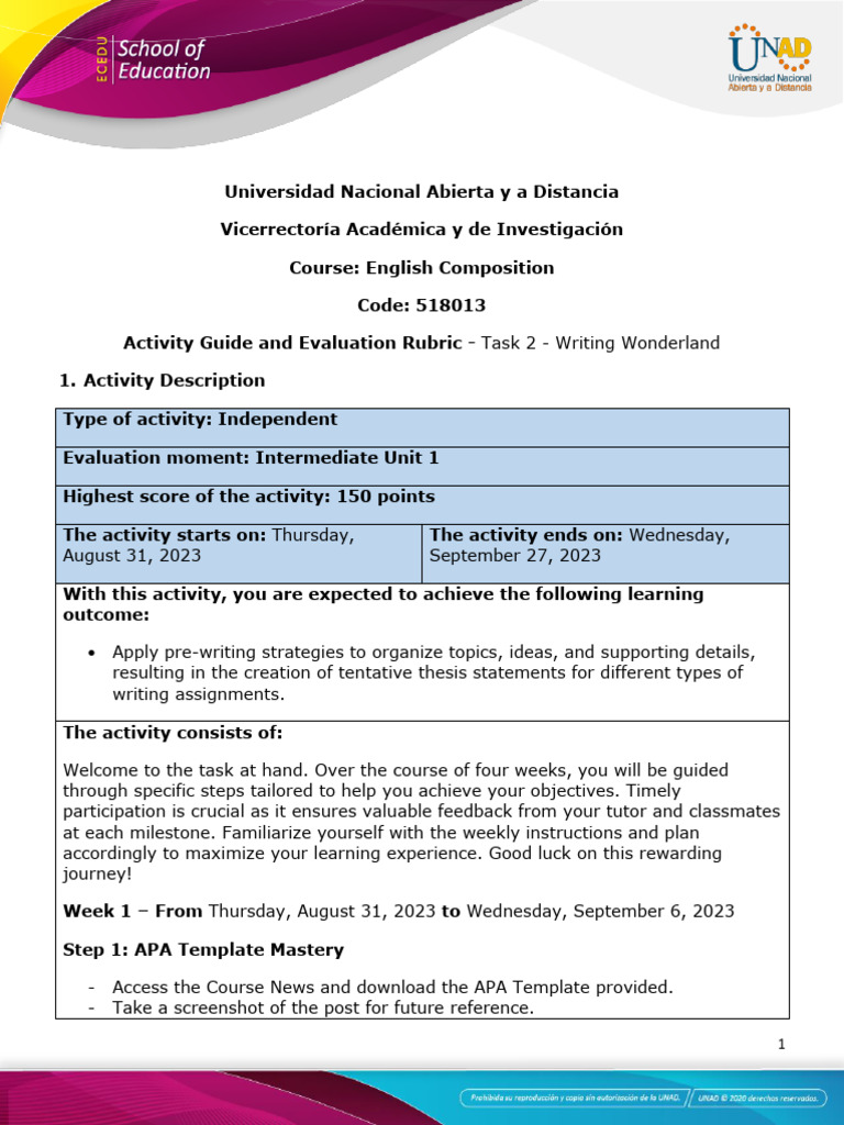 Activity Guide and Evaluation Rubric - Unit 1 - Task 2 - Writing Wonderland | PDF | English As A ...