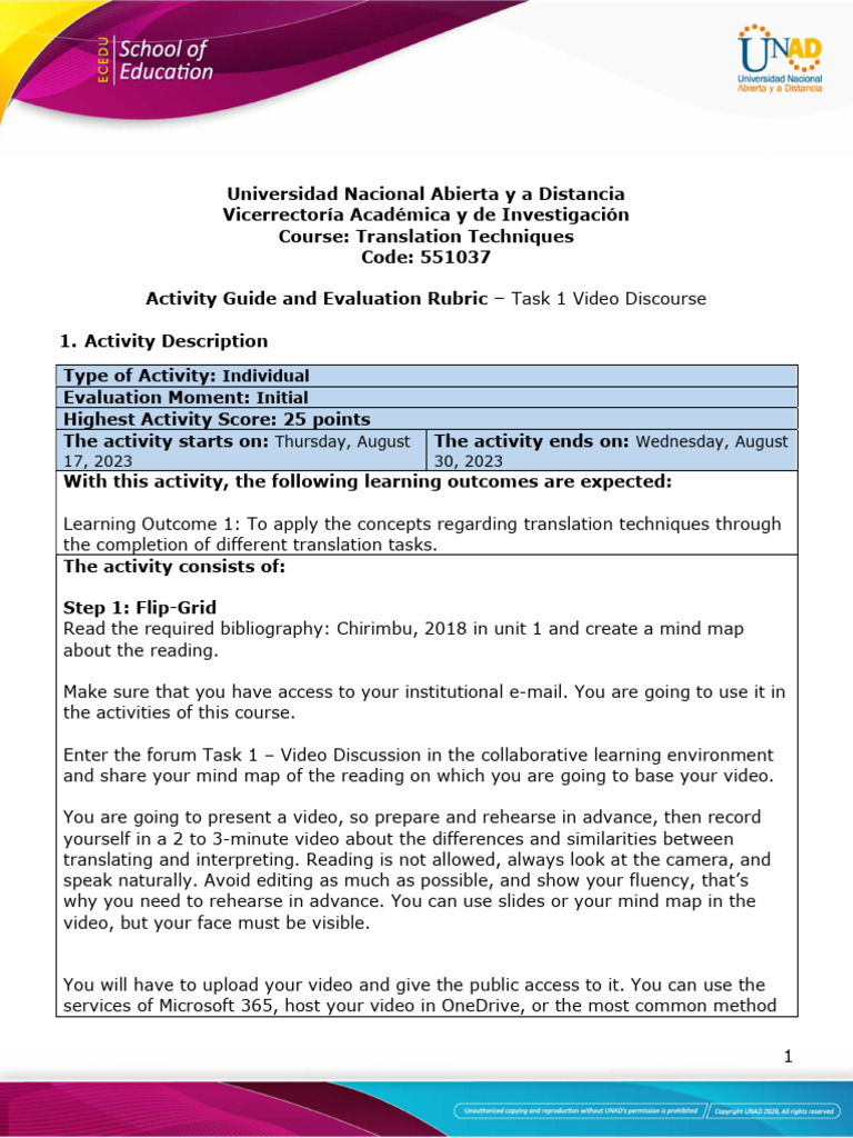 Activity Guide and Evaluation Rubric - Unit 1 - Task 1 - Video Discourse | PDF