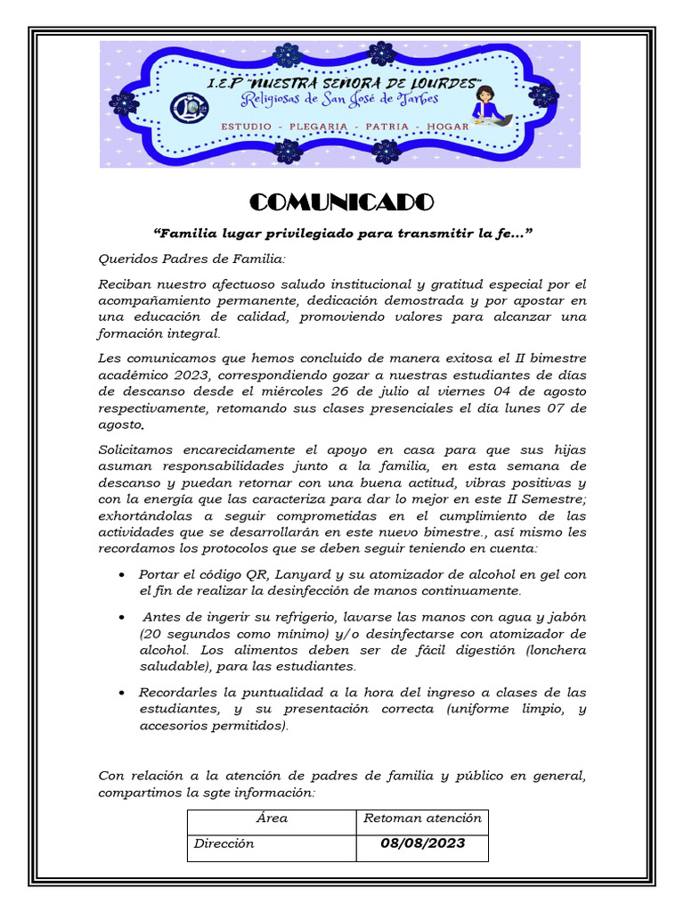 COMUNICADO N°20-2023 DESCANSO II BIMESTRE - FIESTAS PATRIAS | PDF