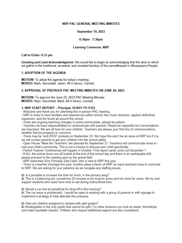 NRP PAC Meeting Minutes - Sept 2023 | PDF | Teachers | Schools