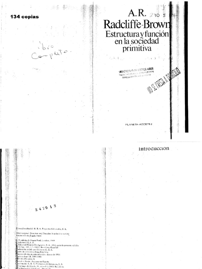 RADCLIFFE BROWN Estructura y Funcion en La Sociedad Primitiva | PDF
