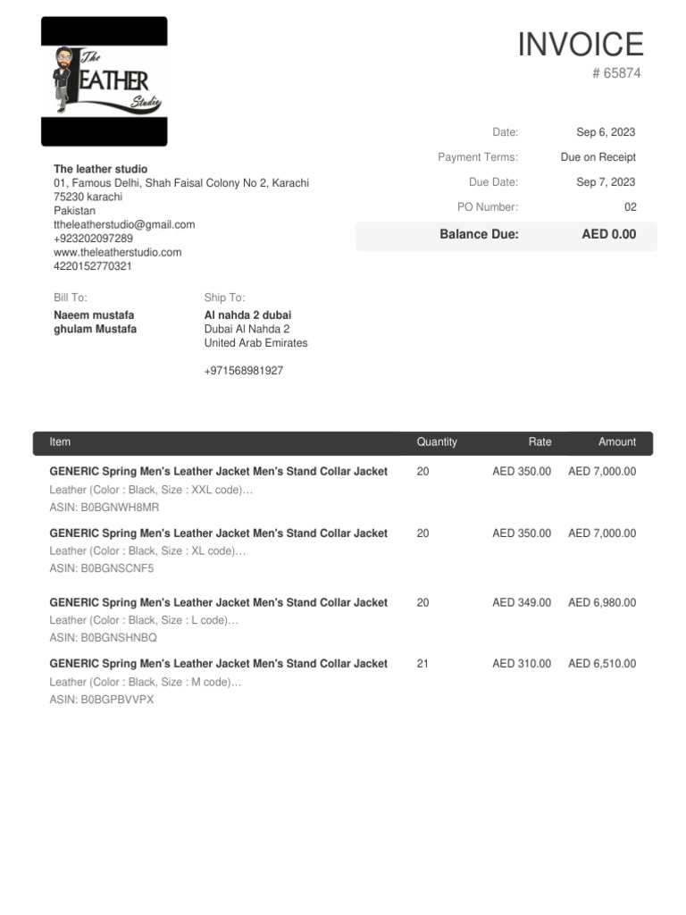 Leather Jacket Invoice | PDF
