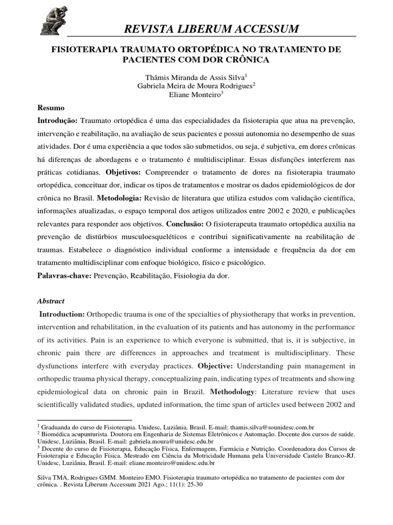 Fisioterapia Traumato Ortopédica No Tratamento de Pacientes Com Dor ...
