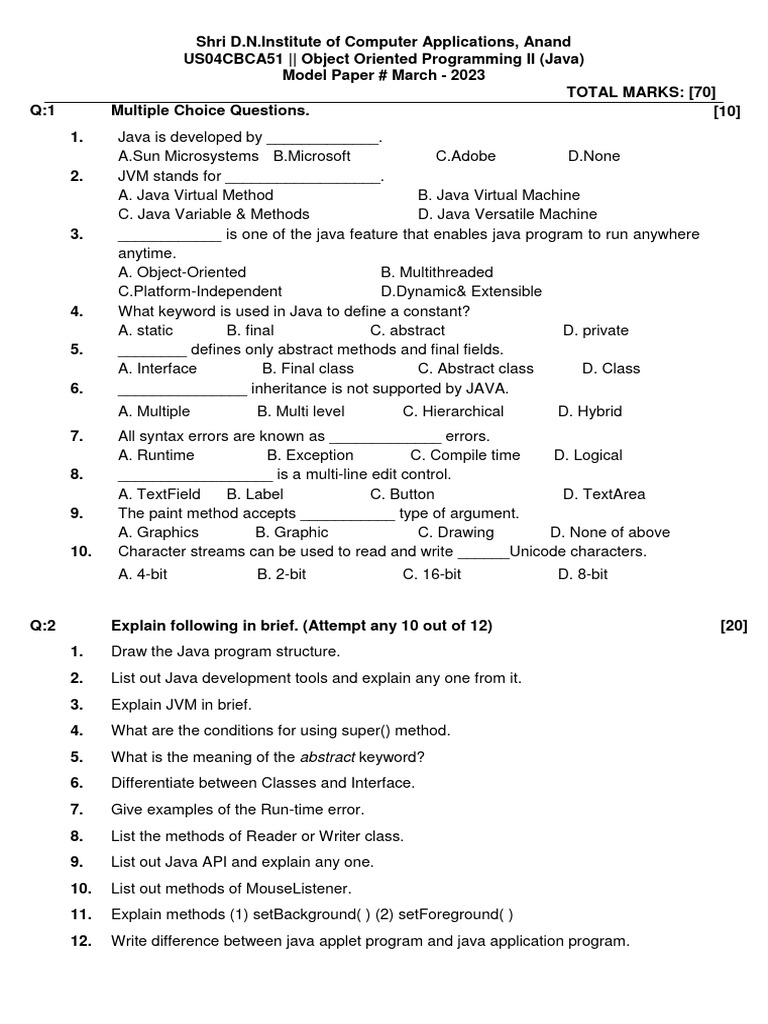 US04CBCA51 Java Theory ModelPaper 22 23 | PDF