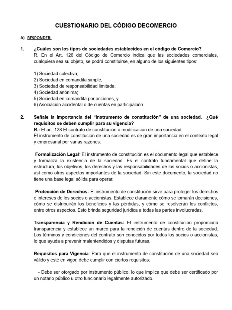 Cuestionario Del Código Decomercio 3 y 4 | PDF | Sociedad | Sociedad de responsabilidad limitada