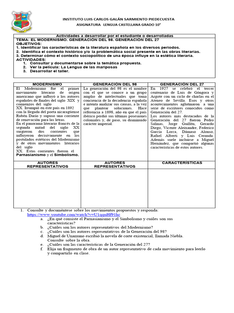 ESPANOL 10 Guia 2 Generacion Del 98-27 y La Reseña | PDF | Autor | Cuentos