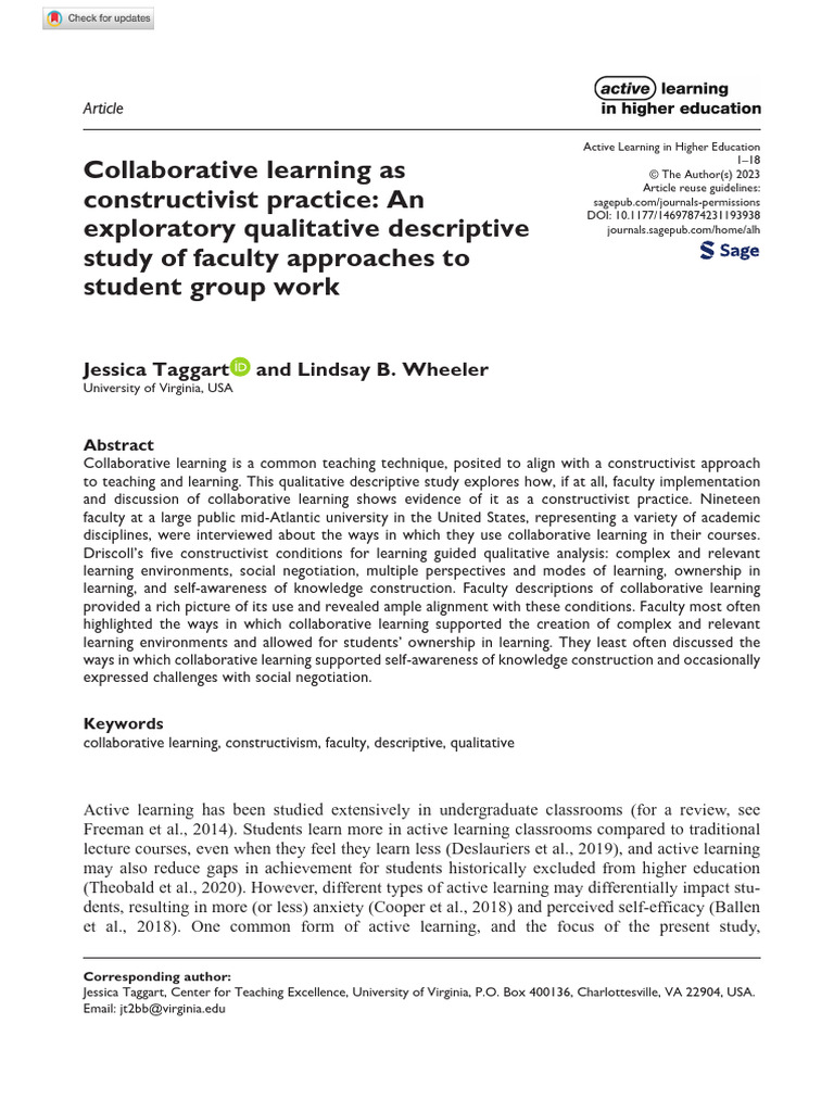 Taggart Wheeler 2023 Collaborative Learning As Constructivist Practice An Exploratory ...
