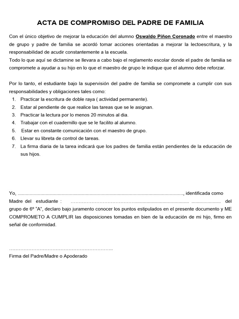 Acta de Compromiso Del Padre de Familia 2023 | PDF