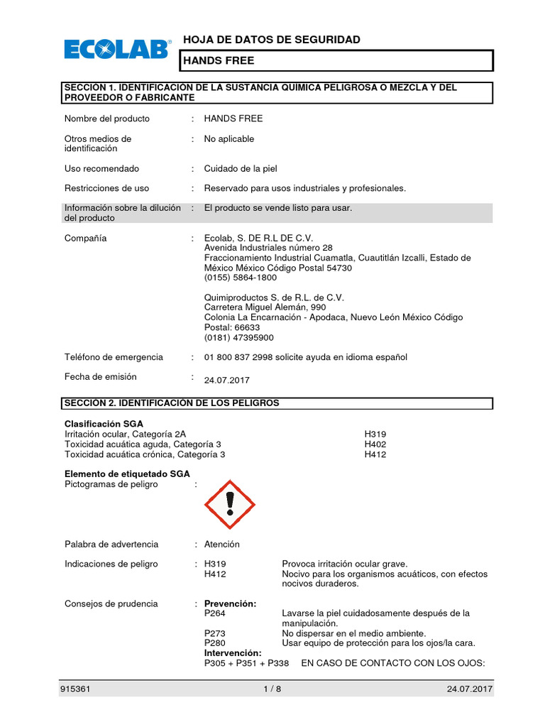 Hoja de Seguridad: Hands Free | PDF