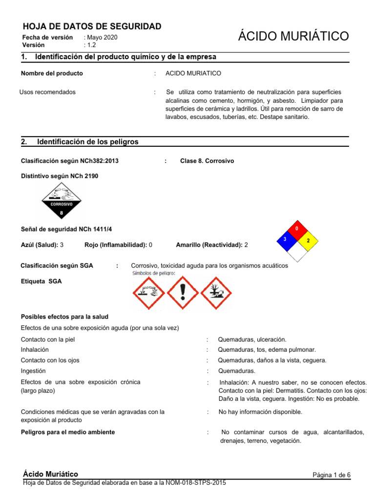 Hoja de Seguridad - Ácido Muriático | PDF