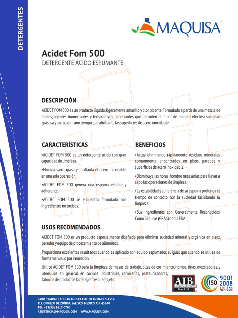 Hoja de Seguridad - ACIDET FOM 500 | PDF | Agua | Hidrógeno