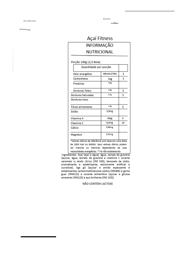 Informações Nutricionais de Açaí | PDF