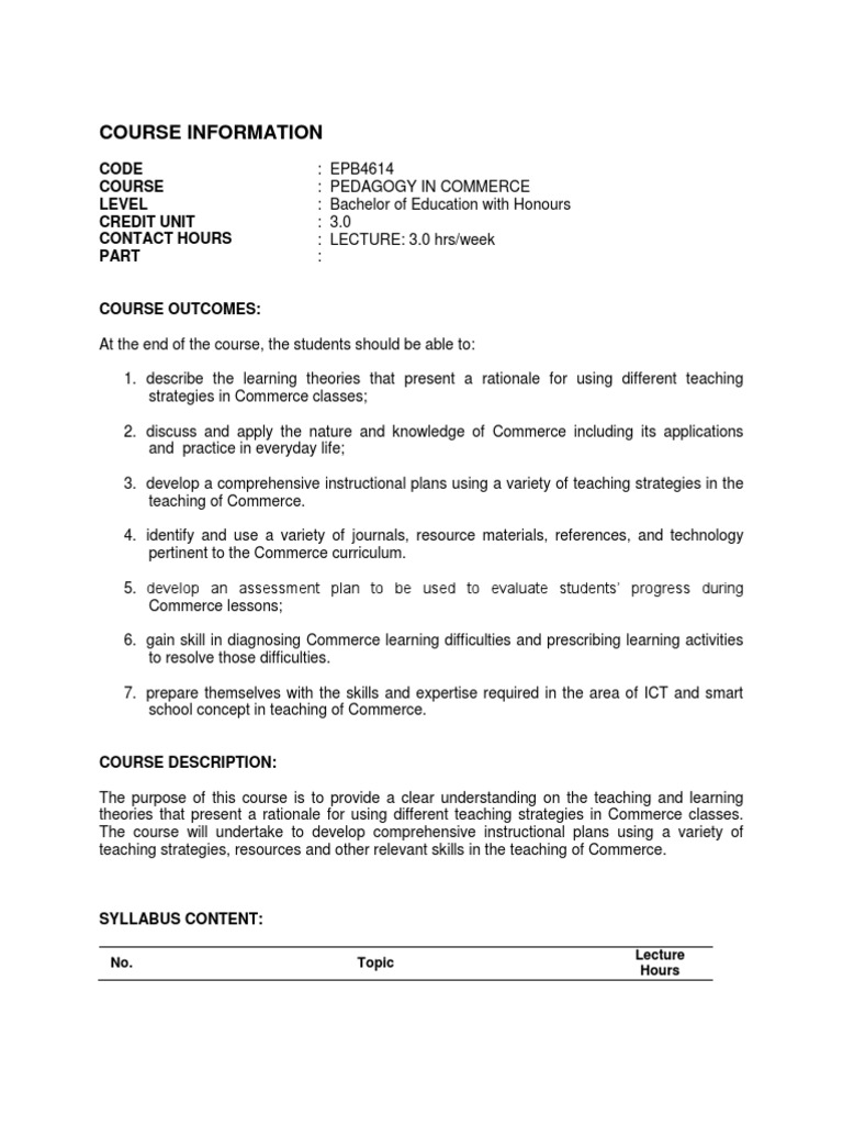 Course Information: Code Course Level Credit Unit Contact Hours | PDF ...