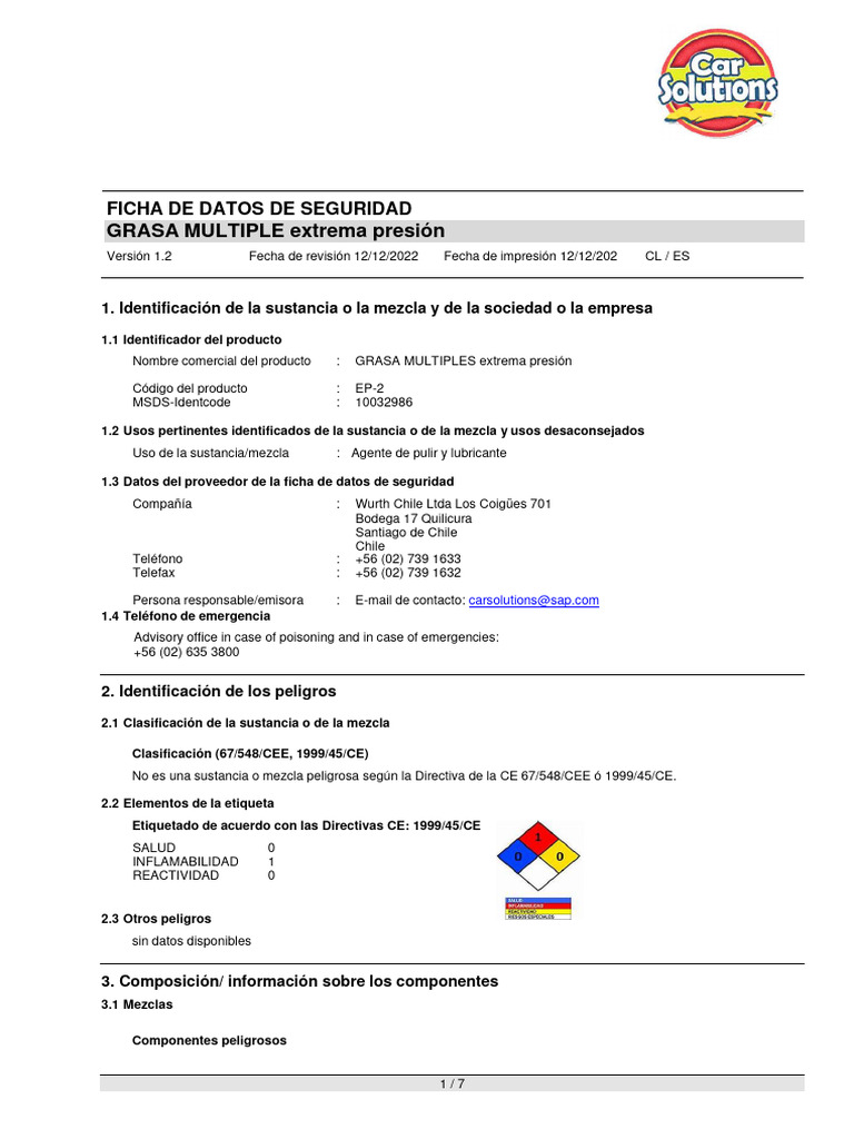 Msds - Grasa Multiuso Ep-2 | PDF | Agua | Ventilación (Arquitectura)