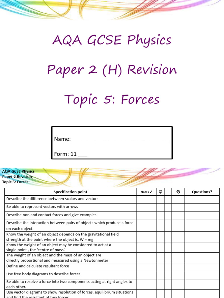 AQA GCSE Physics Seperates Paper 2 Topic 5 Forces Revision Booklet | PDF