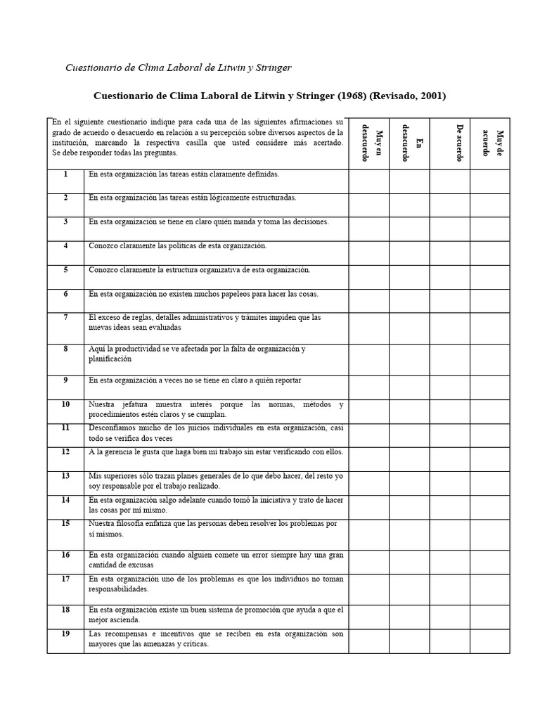 Cuestionario de Clima Laboral de Litwin y Stringer | PDF