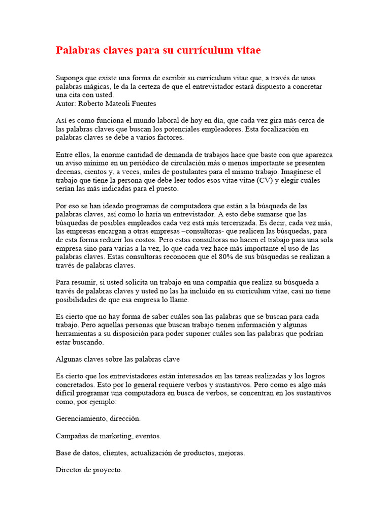 Palabras Claves para Su Currículum Vitae | PDF