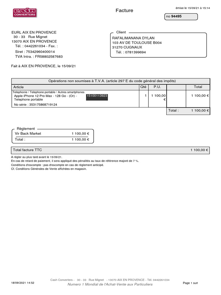 Facture Cash Converters | PDF | Taxe sur la valeur ajoutée | Facture