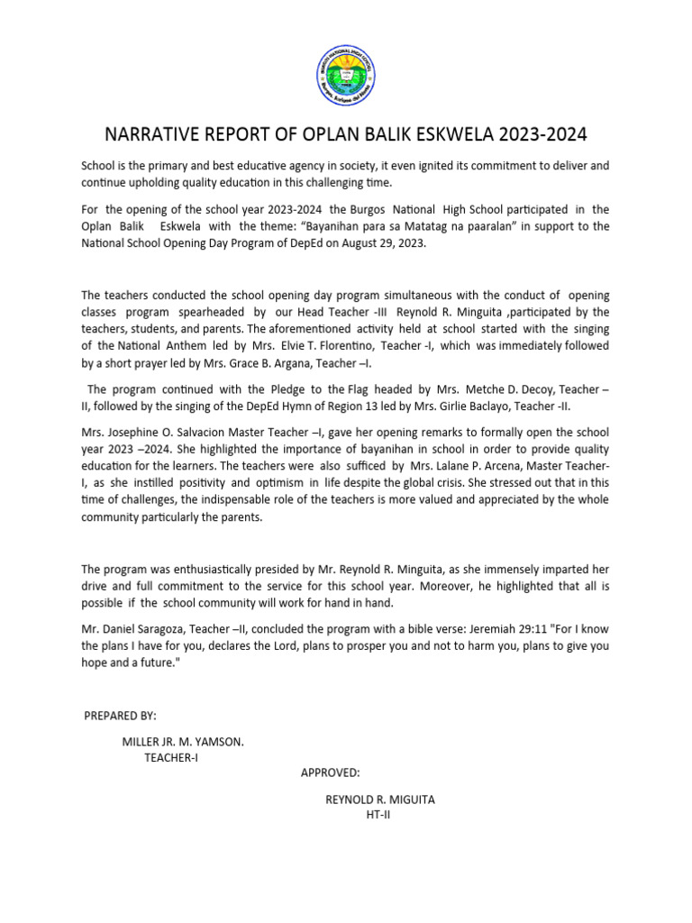 Oplan Balik Eskwela 2023-2024 Report | PDF