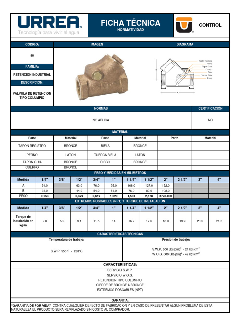 Valvula Columpio Urrea F88 | PDF
