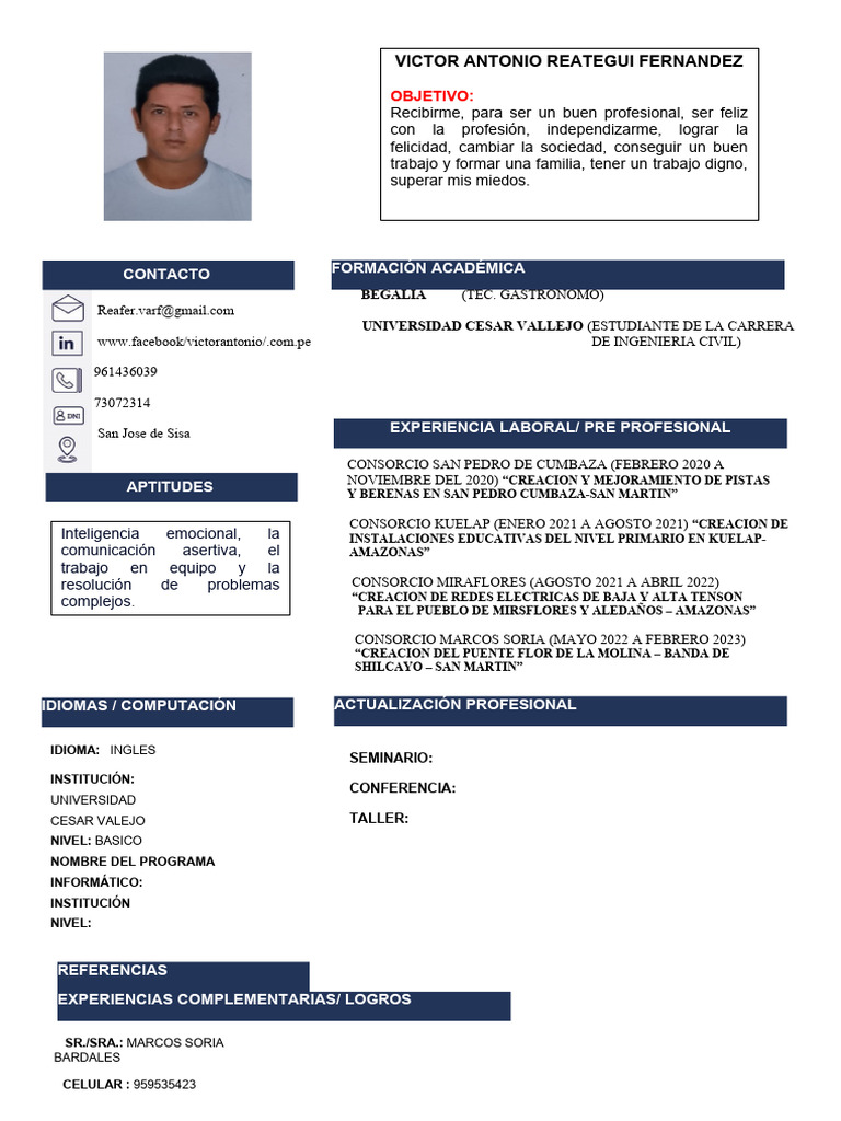 CV de Victor Reategui: Ingeniero Civil | PDF