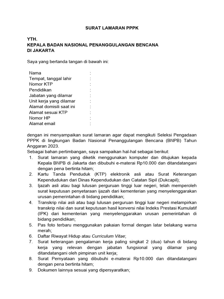 Surat Lamaran PPPK BNPB | PDF