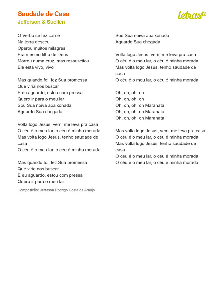 SAUDADE DE CASA - Jefferson & Suellen (Impressão) | PDF