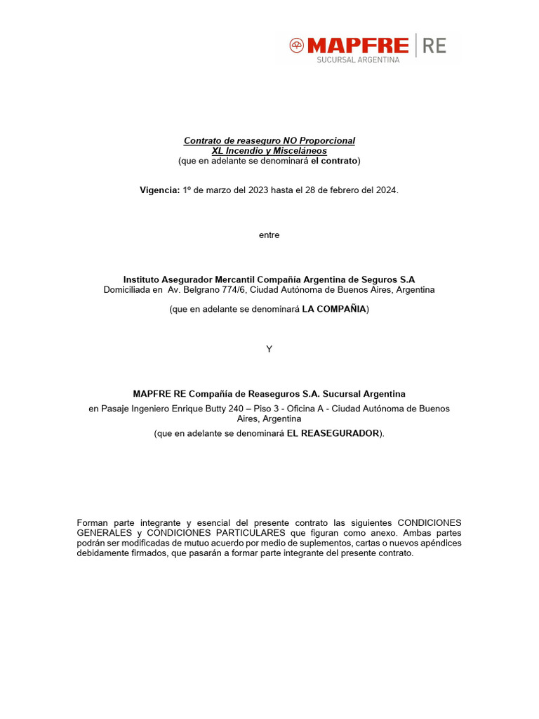 Exceso de Perdida 2023-2024 MAPFRE | PDF | Reaseguro | Póliza de seguros